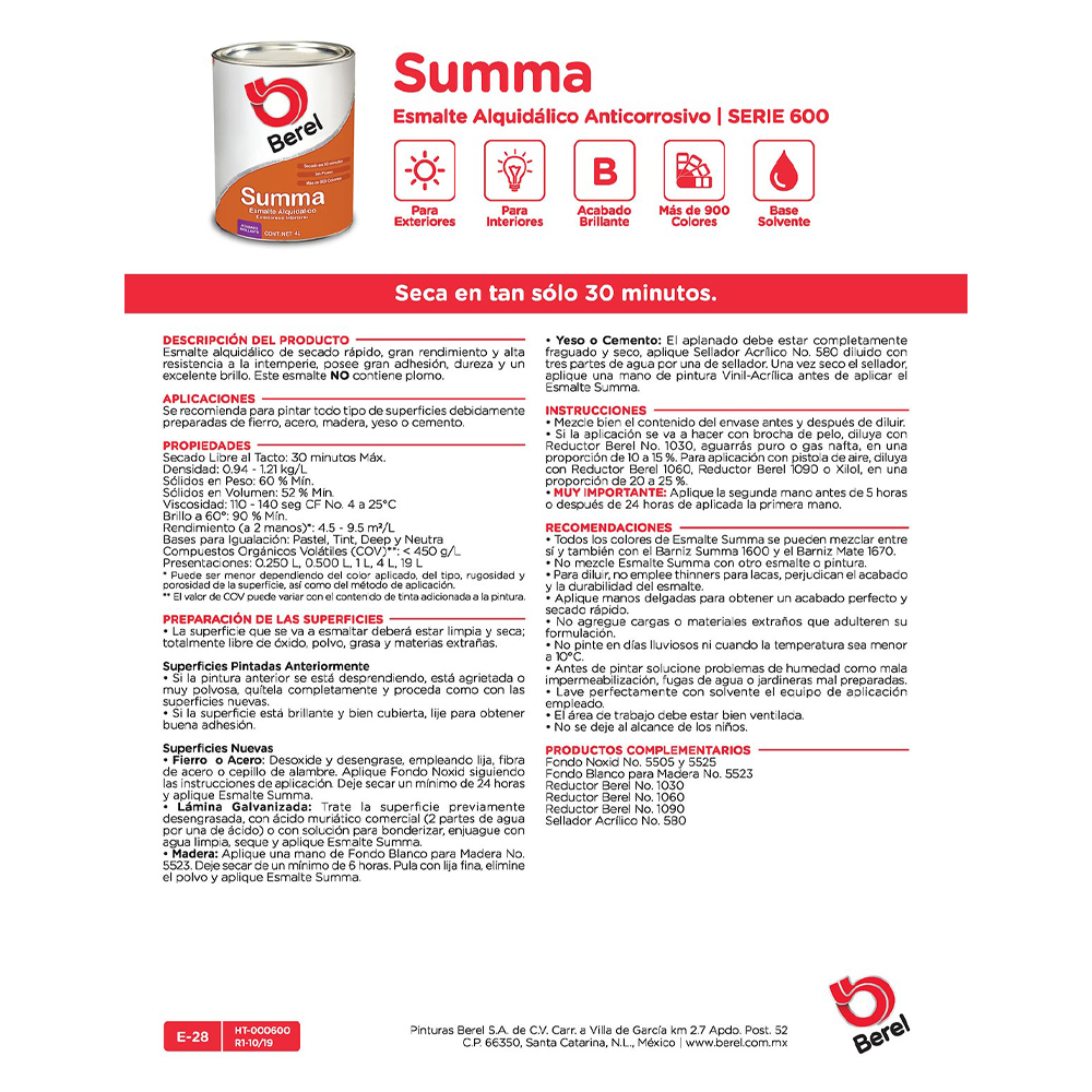 Pintura Berel Summa Alquidálico Interior/Exterior 19L Base Tint ...