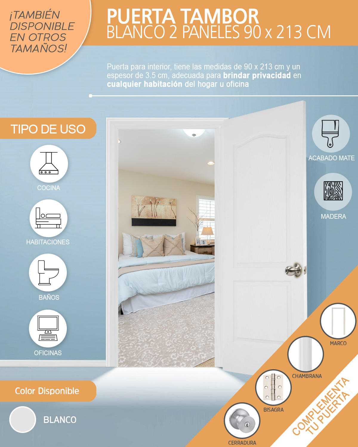 PUERTA DE TAMBOR 2 PANELES BLANCO 70 X 213 CM | The Home Depot México